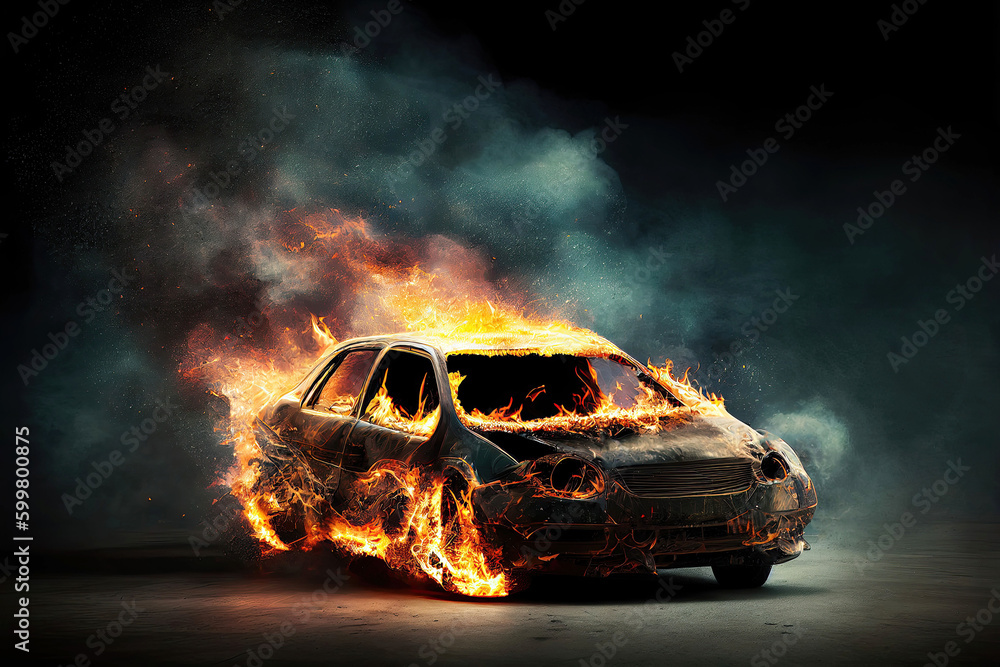 Burning car with fire after car crash accident (Generative AI) Stock ...