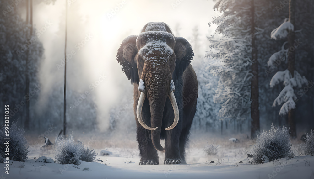 Woolly mammoth with sunlight, prehistoric animal in landscape frozen ...