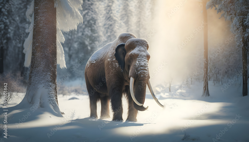 Woolly mammoth with sunlight, prehistoric animal in landscape frozen ...
