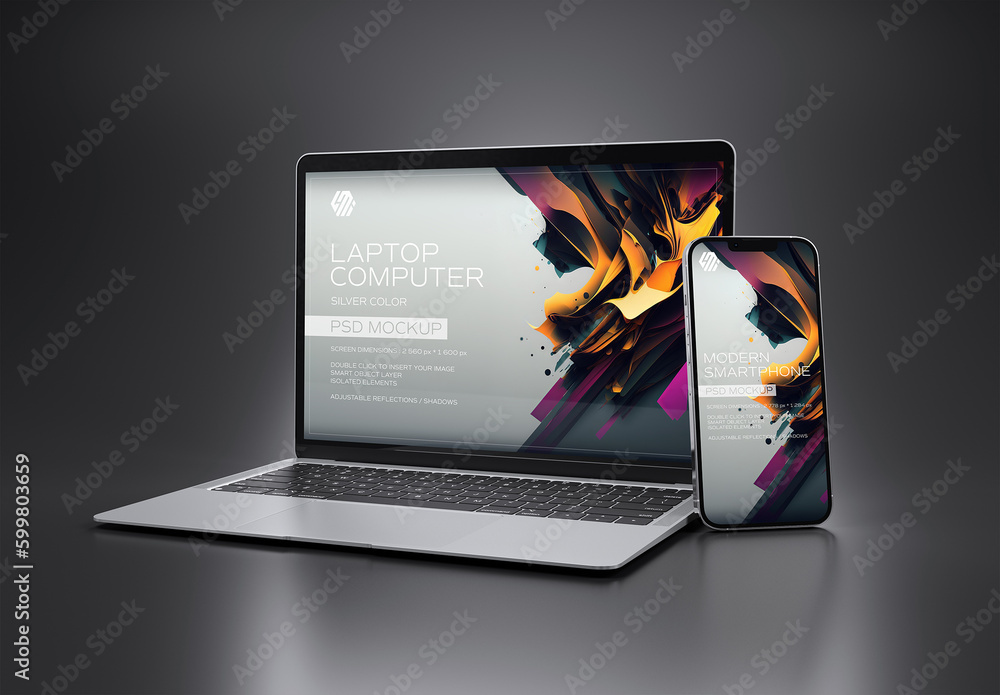 Smartphone and Laptop Mockup on Dark Stock Template | Adobe Stock