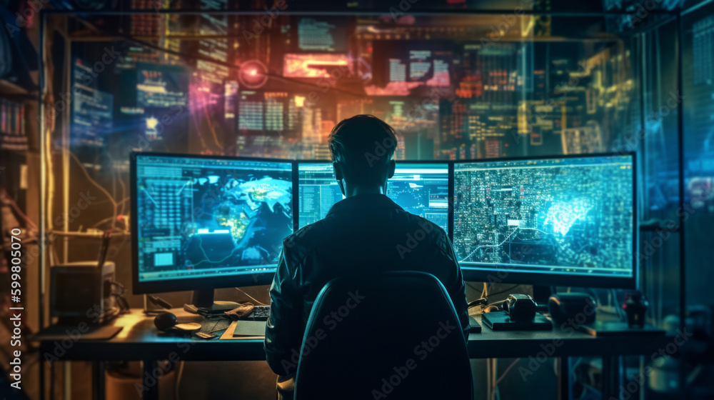 Man in front of a computer screen. Server room. Cybersecurity, Cyber ...