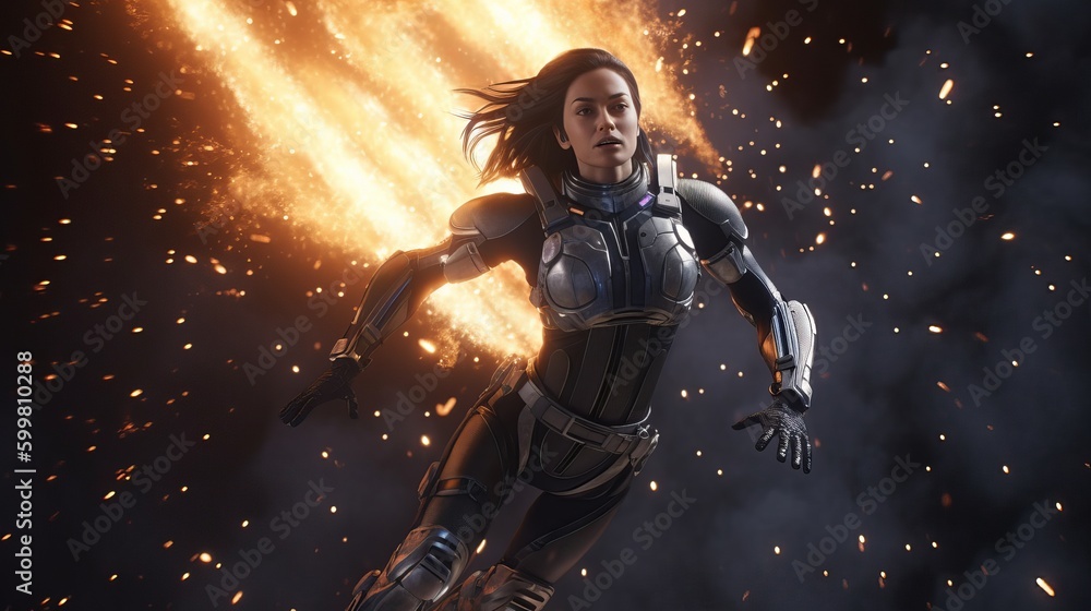 beautiful girl wearing cyber sleek space suit floating through space ...