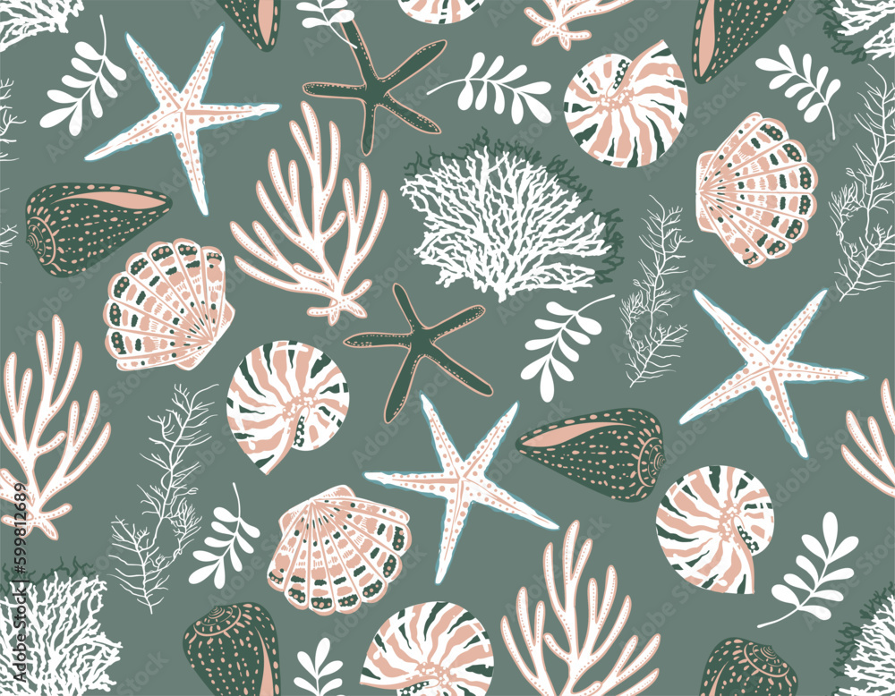 Beautiful Retro Seamless Marine Life Pattern Vector Seastar , Seashell ...