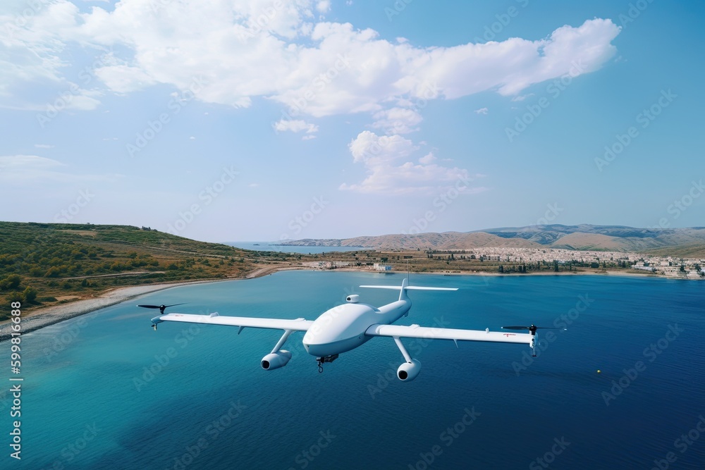 A battle war drone flying in the sky is controlled by a war ground ...