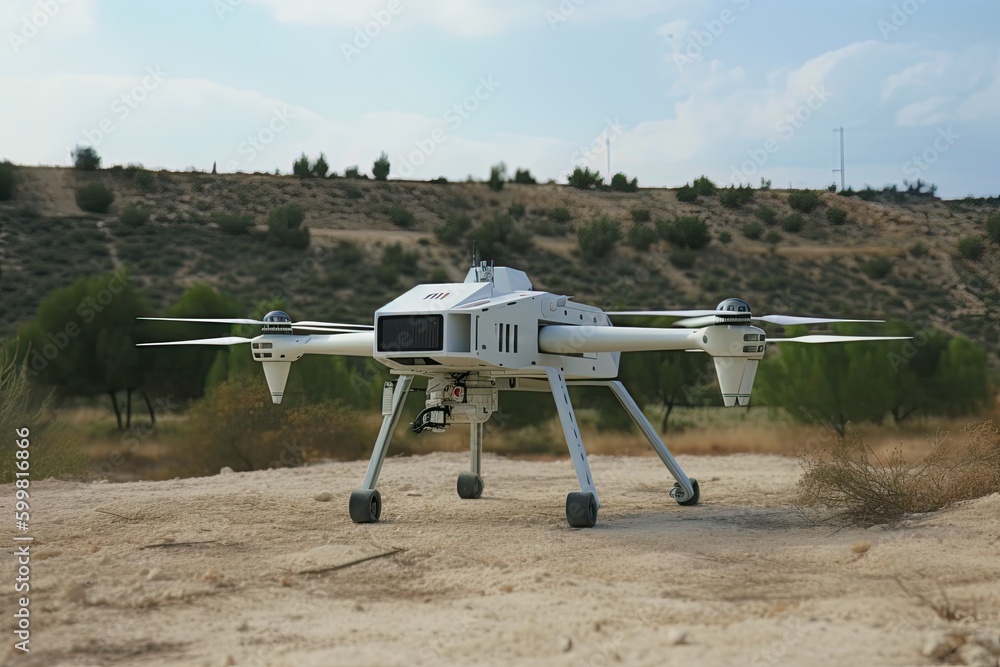 Battle war drone flying in the sky, an unmanned combat aerial vehicle ...