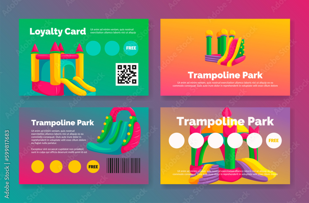 Trampoline park loyalty card for collect sticker stamp getting free template design set vector ...
