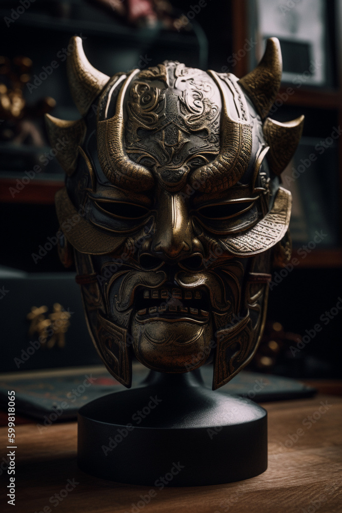 Close-up of a traditional helmet and mengu mask samurai, Japanese ...