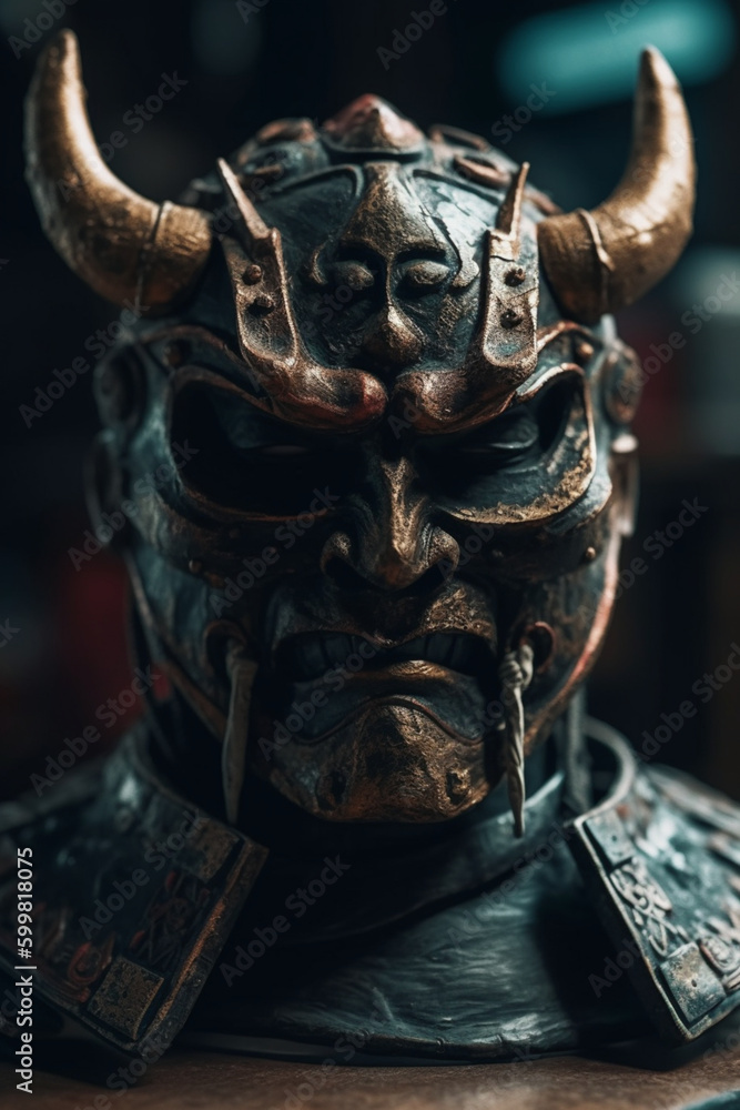 Portrait close up of a Samurai in a traditional mengu mask, Japanese ...