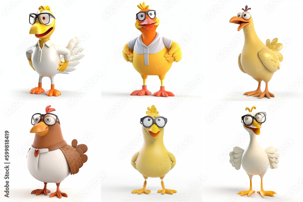 Cheeky Chicken Crew: 6 Fun 3D Poultry Characters on White Background ...
