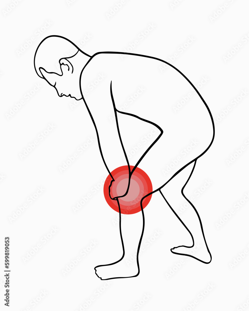 Vector isolated illustration of knee pain. Outline drawing of a man ...