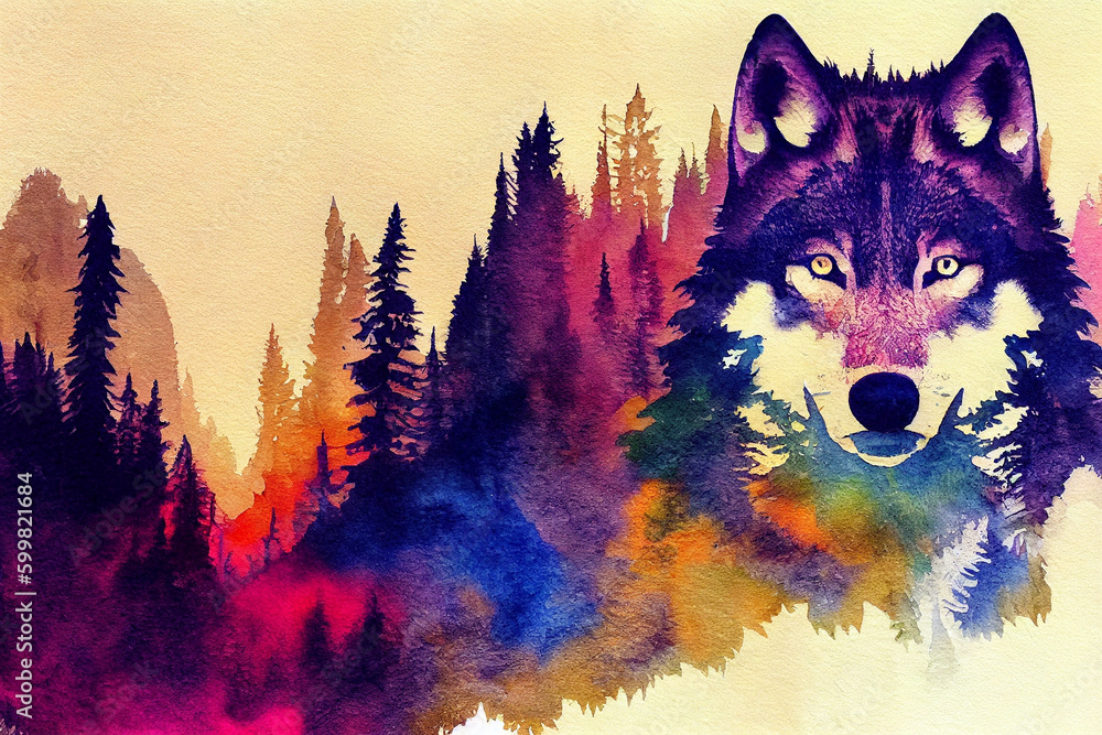 Wolf watercolor double exposure background. generative ai. Abstract ...
