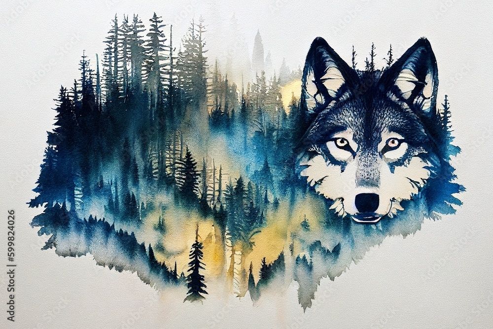 Wolf watercolor double exposure background. generative ai. Abstract ...