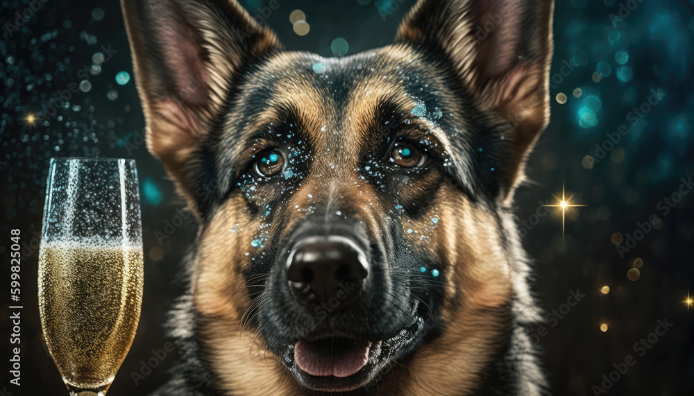 German shepherd dog celebrating at a birthday party with a glass of ...