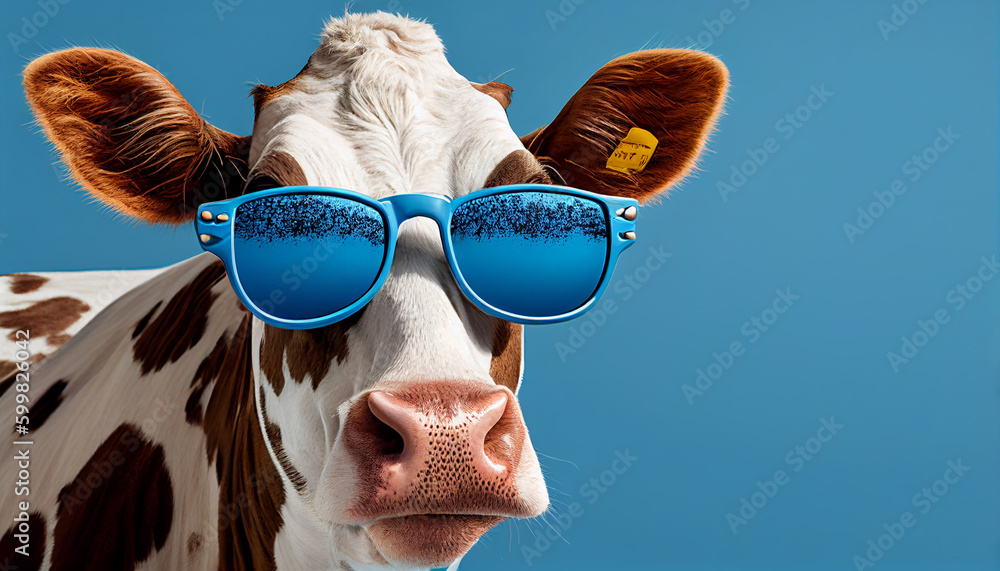 Funny cow with sunglasses in front of blue studio background ...