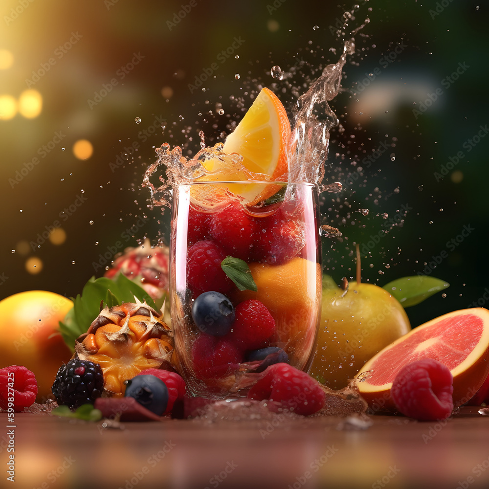 Fresh fruits juice with splashing on nature background, Healthy summer ...