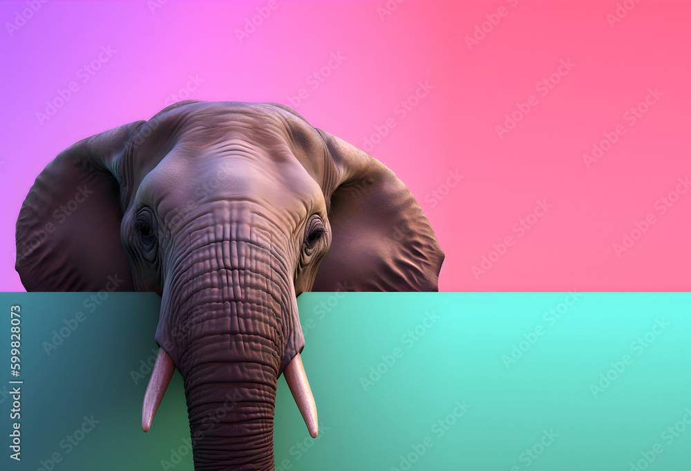 Creative animal concept. Elephant peeking over pastel bright background ...