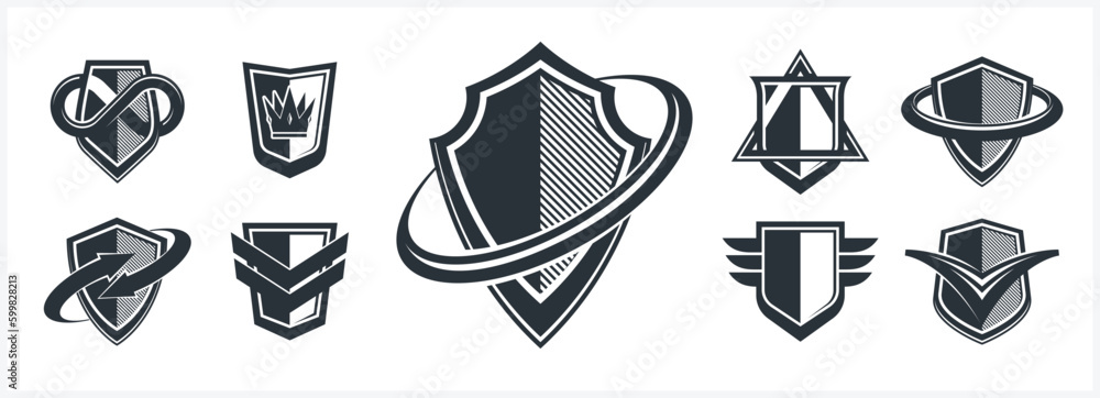 Classic shields shapes set with different additional elements vector ...