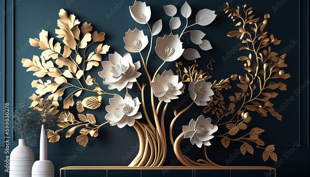 3d wallpaper floral tree background with white flower leaves and golden ...
