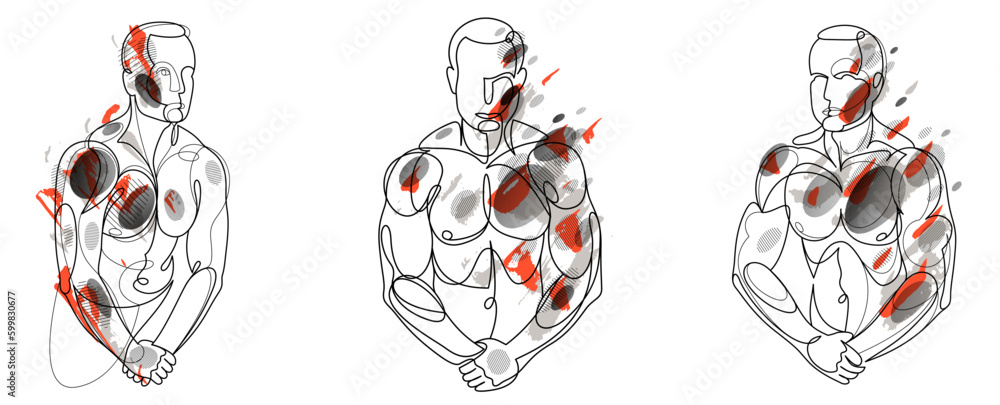 Athletic man torso vector linear illustrations set, male beauty with ...