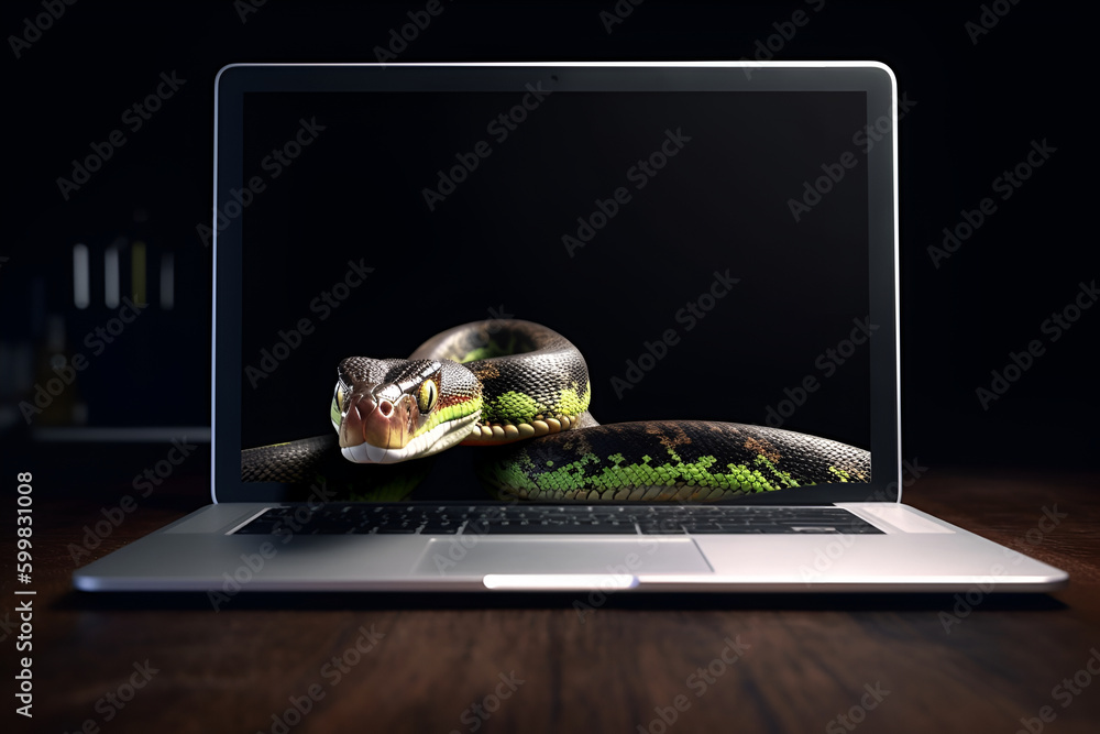 Snake crawling out of the laptop screen, dark background. Generative AI ...