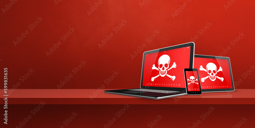Laptop, tablet pc and smartphone on a shelf with pirate symbols on ...