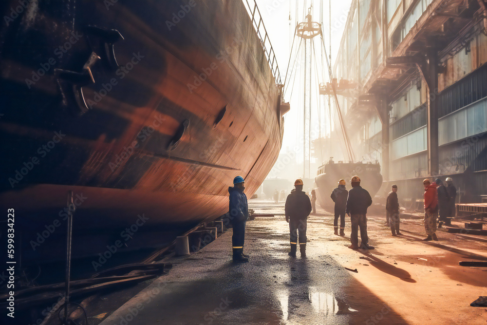 Shipyard workers with a ship under construction in background. Created ...