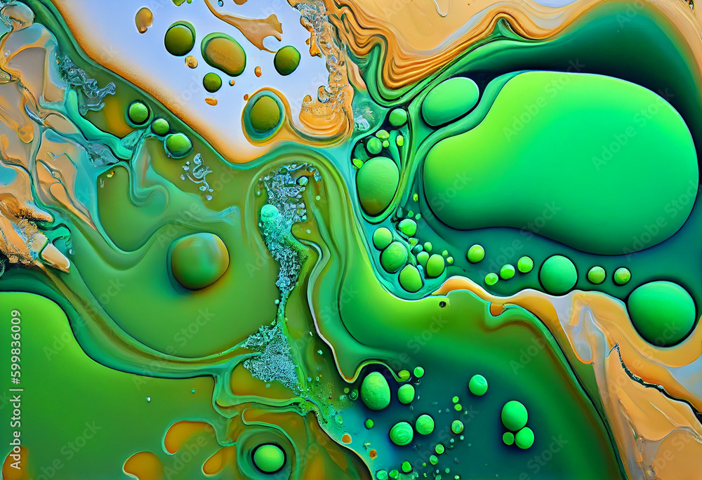Flat beautiful green liquid acrylic pouring Fluid painting, with cells ...