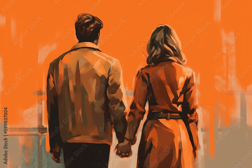 a back view couple holding hands in a retro art style. generative AI ...
