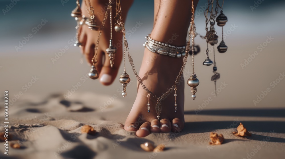 close-up of beautiful legs and feet of a woman at the beach, , wearing ...