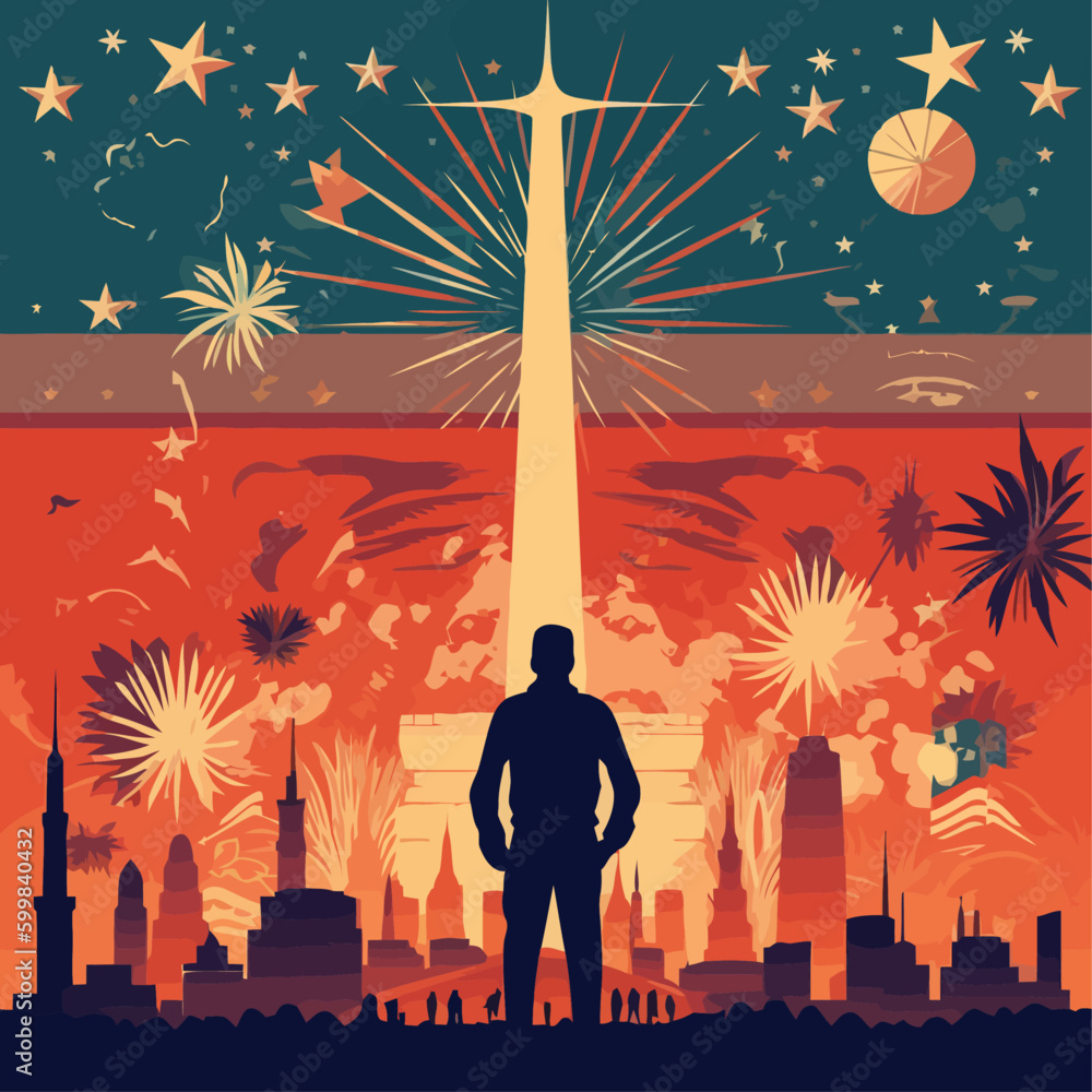 Vector image of the celebration of American Independence Day. A guy on ...