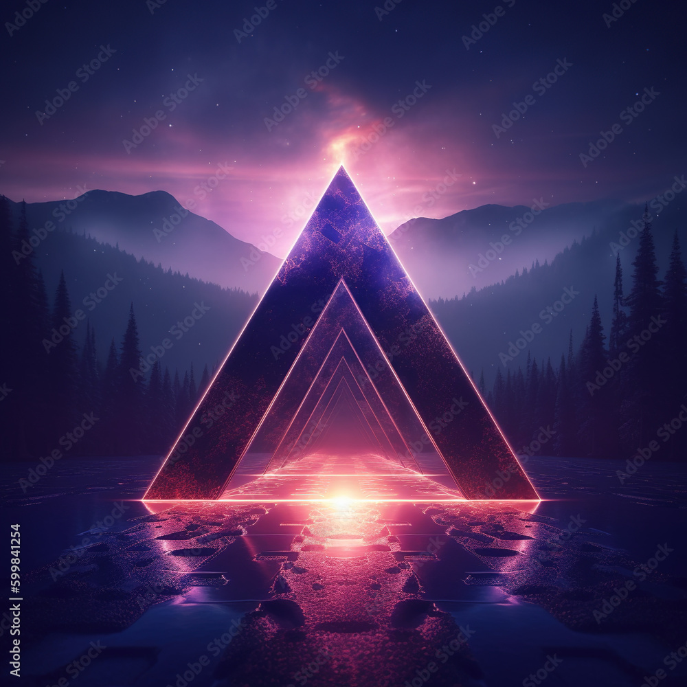 Abstract pyramid background with glowing laser line triangular. 3D ...