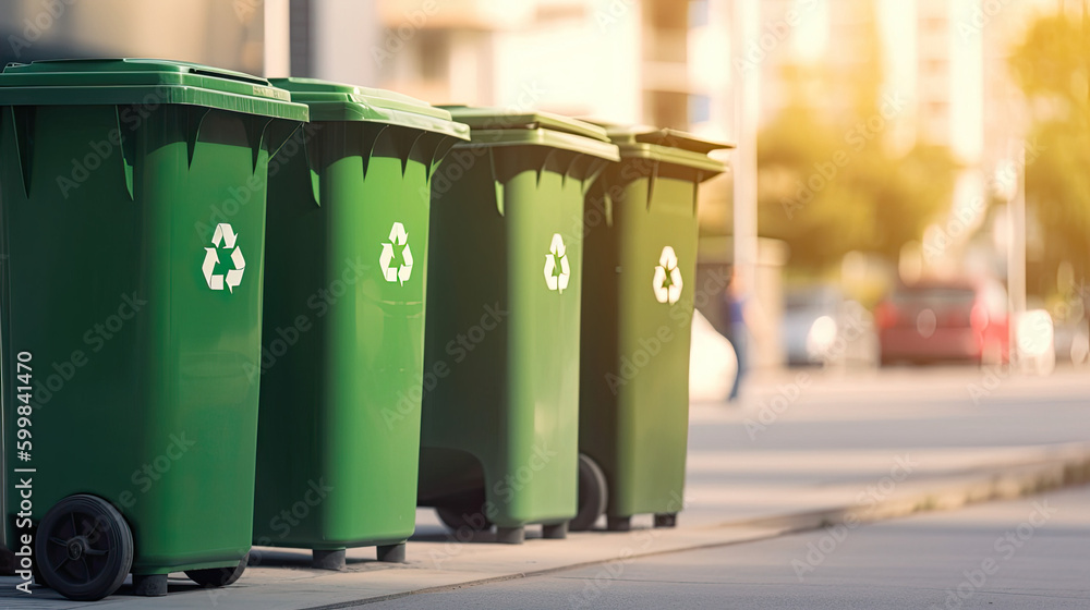 four green garbage bins with recycling symbol edge of road blur ...