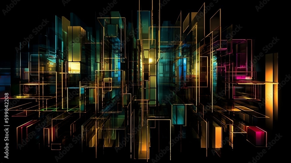 Many geometric shapes that exhibit a shiny, metallic, and neon ...