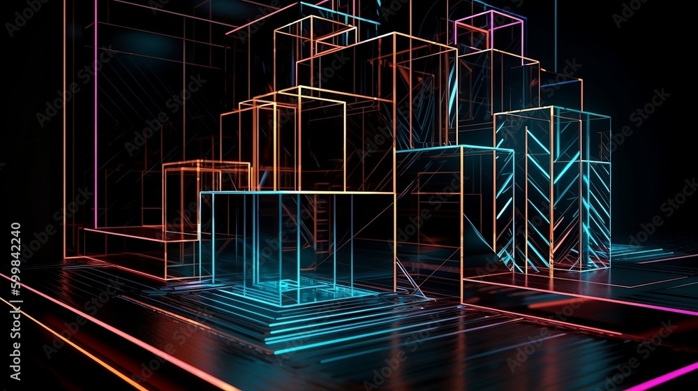 Many geometric shapes that exhibit a shiny, metallic, and neon ...