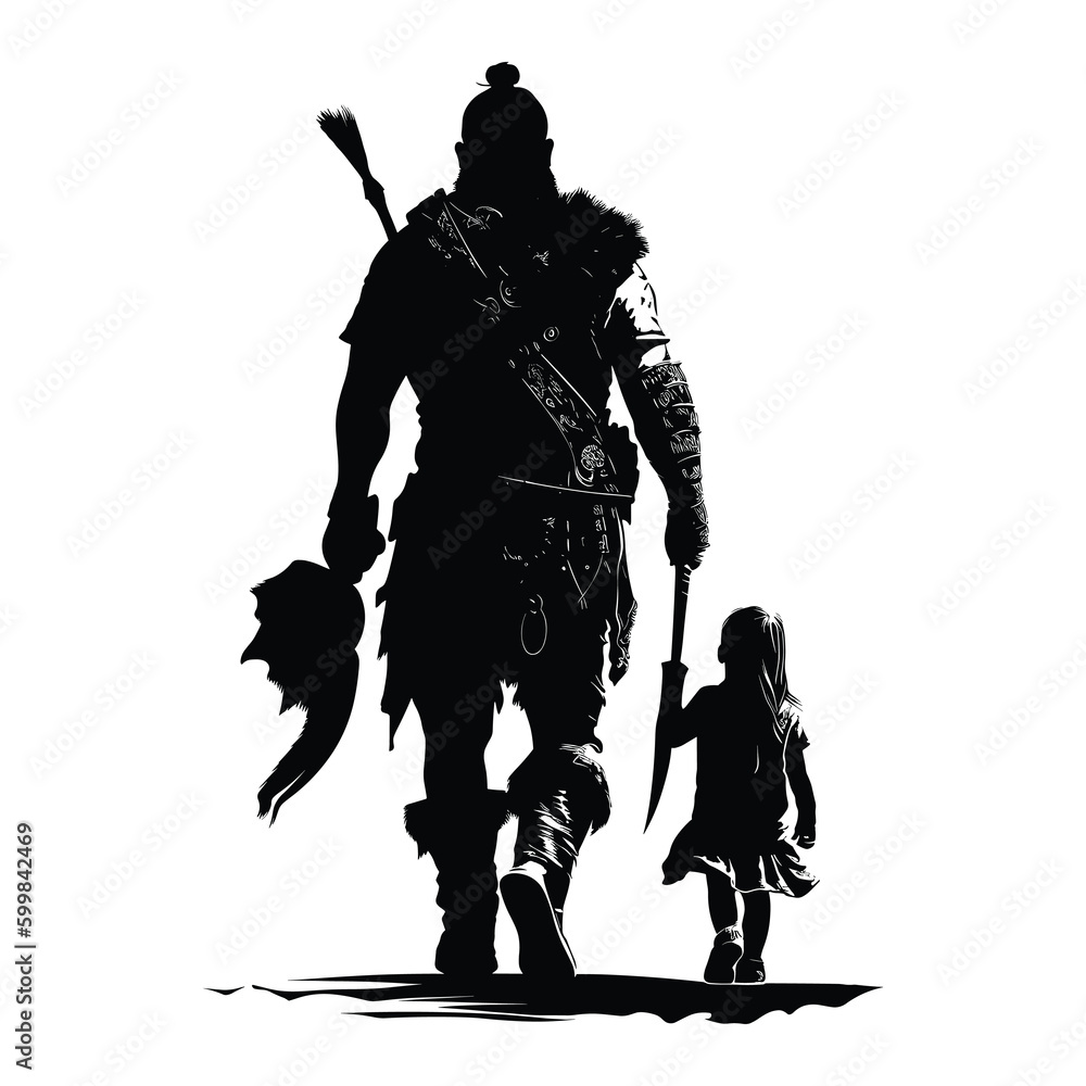 Viking dad and daughter are walking back view. Isolated on white ...