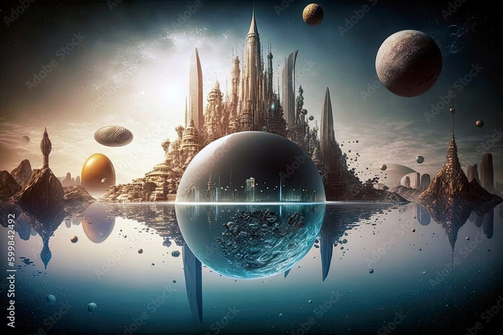 Generative AI illustration of futuristic sci-fi humanoid city on an ...