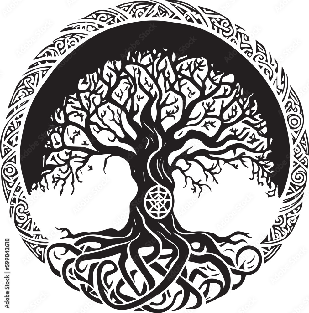 Yggdrasil, the tree of life. Vikings symbol Odin. Isolated on a white ...