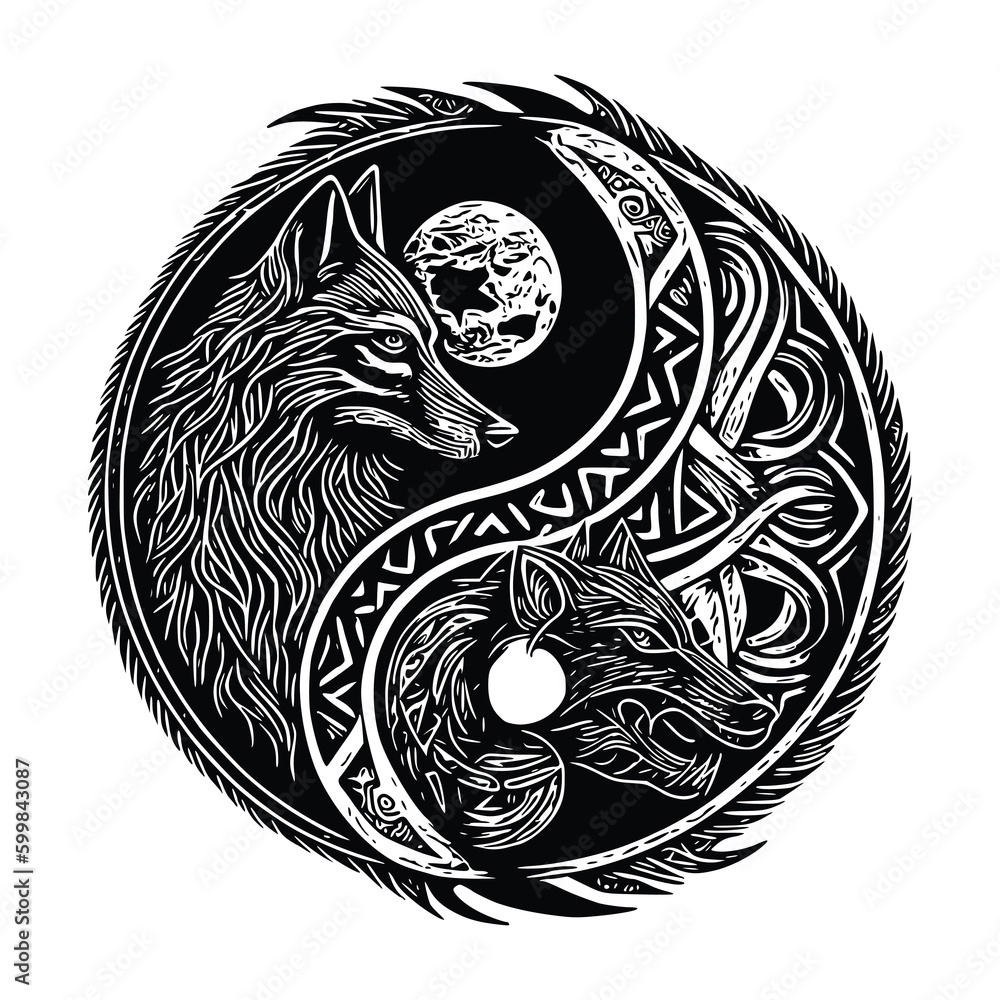 Ying Yang Viking Wolf Isolated on White Background Stock Vector | Adobe ...