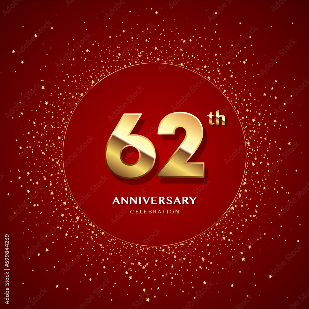 62th anniversary logo with gold numbers and glitter isolated on a red ...