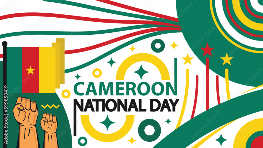 Cameroon National Day vector banner design with geometric retro shapes ...