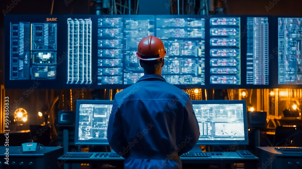 Back view of engineer in safety helmet and uniforms on Big Screen ...