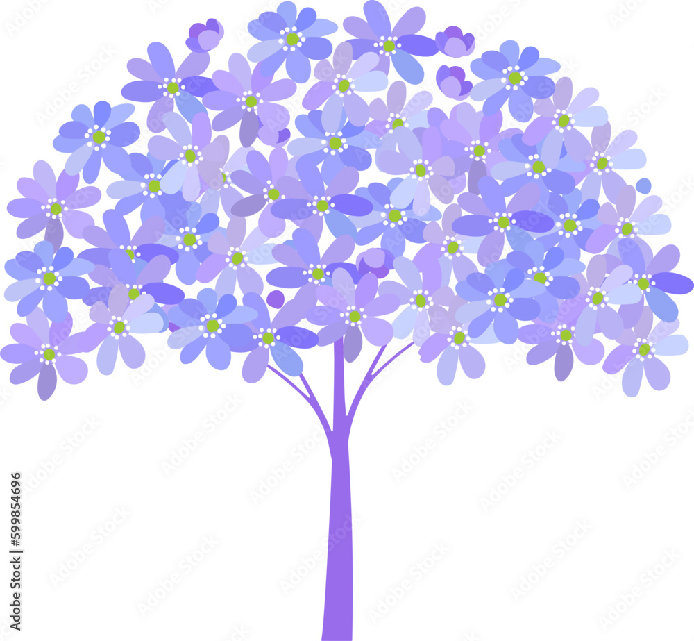 Fantasy tree of blue violet spring blooming wild forest flowers ...