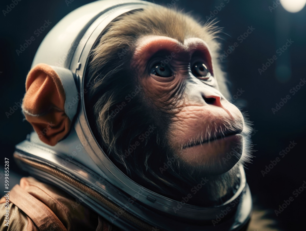 3D render. A monkey in a futuristic suit uses a VR helmet. Futuristic ...
