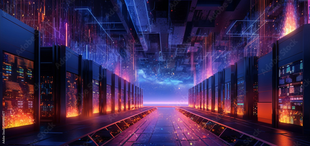 Concept art of IT infrastructure and networking with a complex web of ...