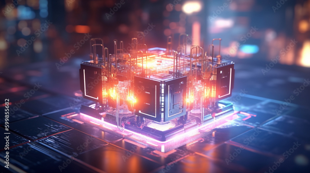 Concept art of quantum computing with a representation of qubits and superposition in a ...