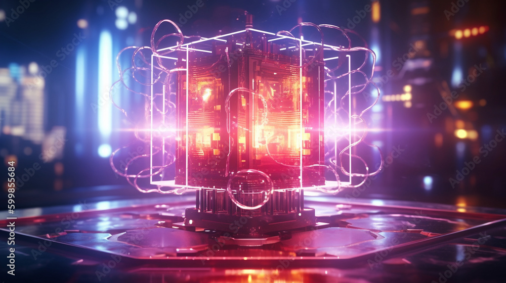 Concept art of quantum computing with a representation of qubits and superposition in a ...