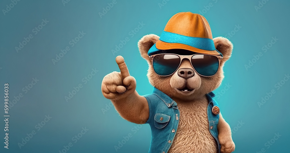 plush toy character stylish teddy bear in hat and sunglasses points ...