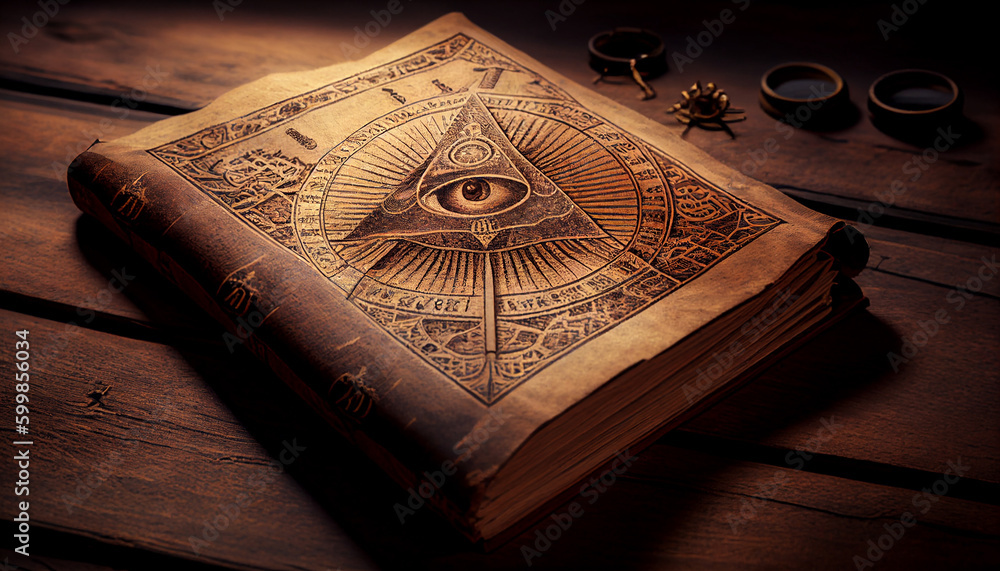 Mysterious ancient illuminati occult manuscript on wooden table ...
