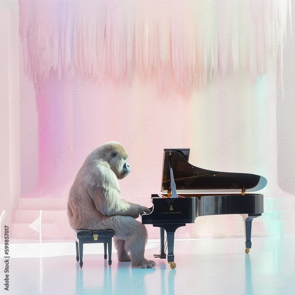 Giant gorilla playing the piano at a concert hall in pastel colored ...