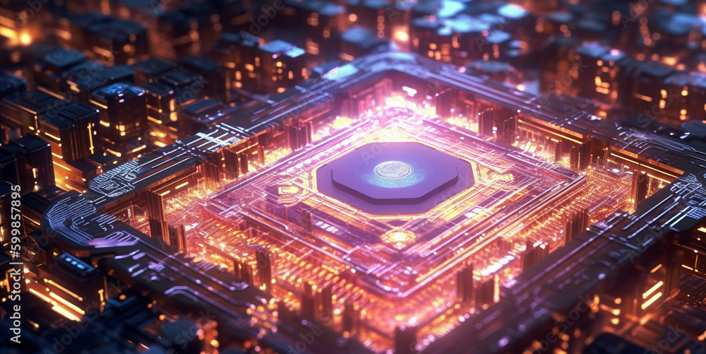 Concept art of artificial intelligence with a circuit board pattern and ...